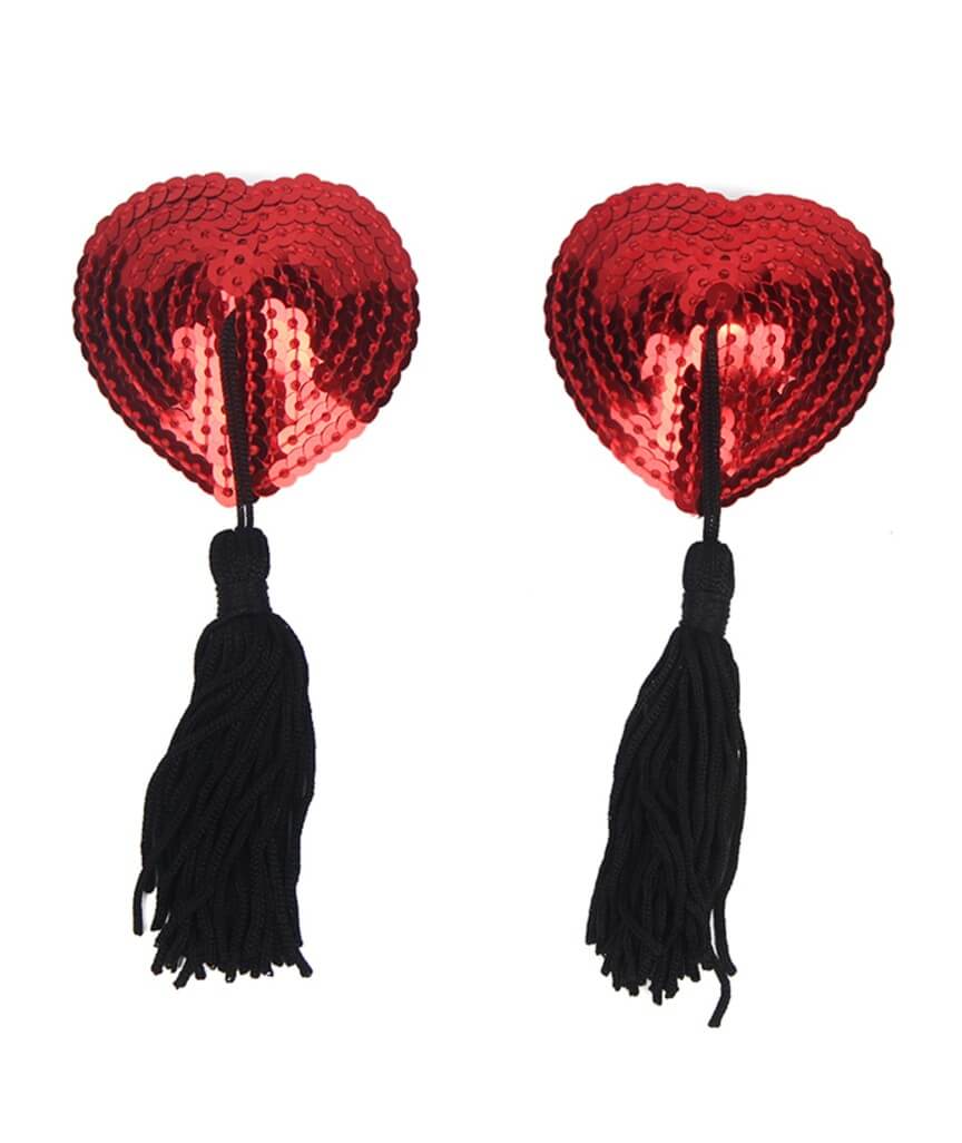 Curvy Heart Sequin with Tassel Nipple Covers - Red/Black - Curvy