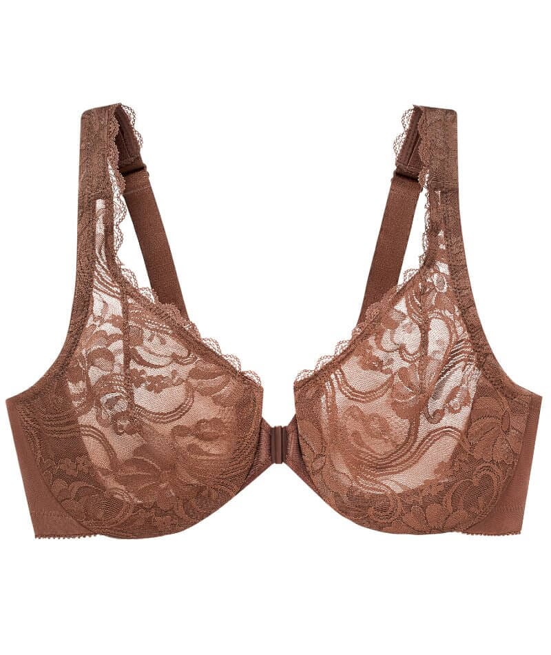 Glamorise WonderWire Front-Closure Stretch Lace Bra - Mocha - Curvy